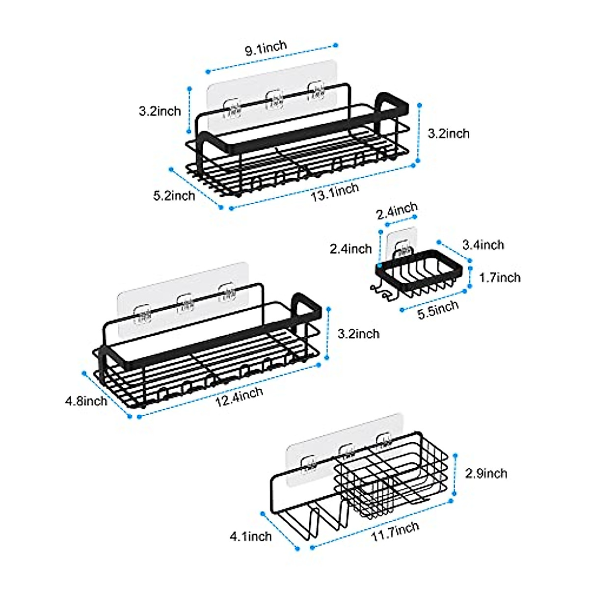 Black Shower Caddy, 4 Packs Self Adhesive Shower Shelves, Bathroom Shower Organizer with 8 hooks, No Drilling Rustproof Stainless Steel Shower Shelf for Inside Shower Wall