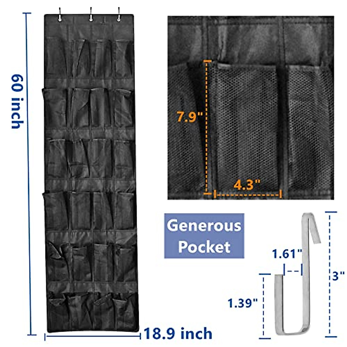 YuGtcen Over The Door Shoe Organizer, 24-Slot Hanging Shoe Holder Breathable Mesh Shoe Rack for Closet, Bedroom, Space Saving Behind Door Storage with Hooks for Shoes & Accessories (Black)