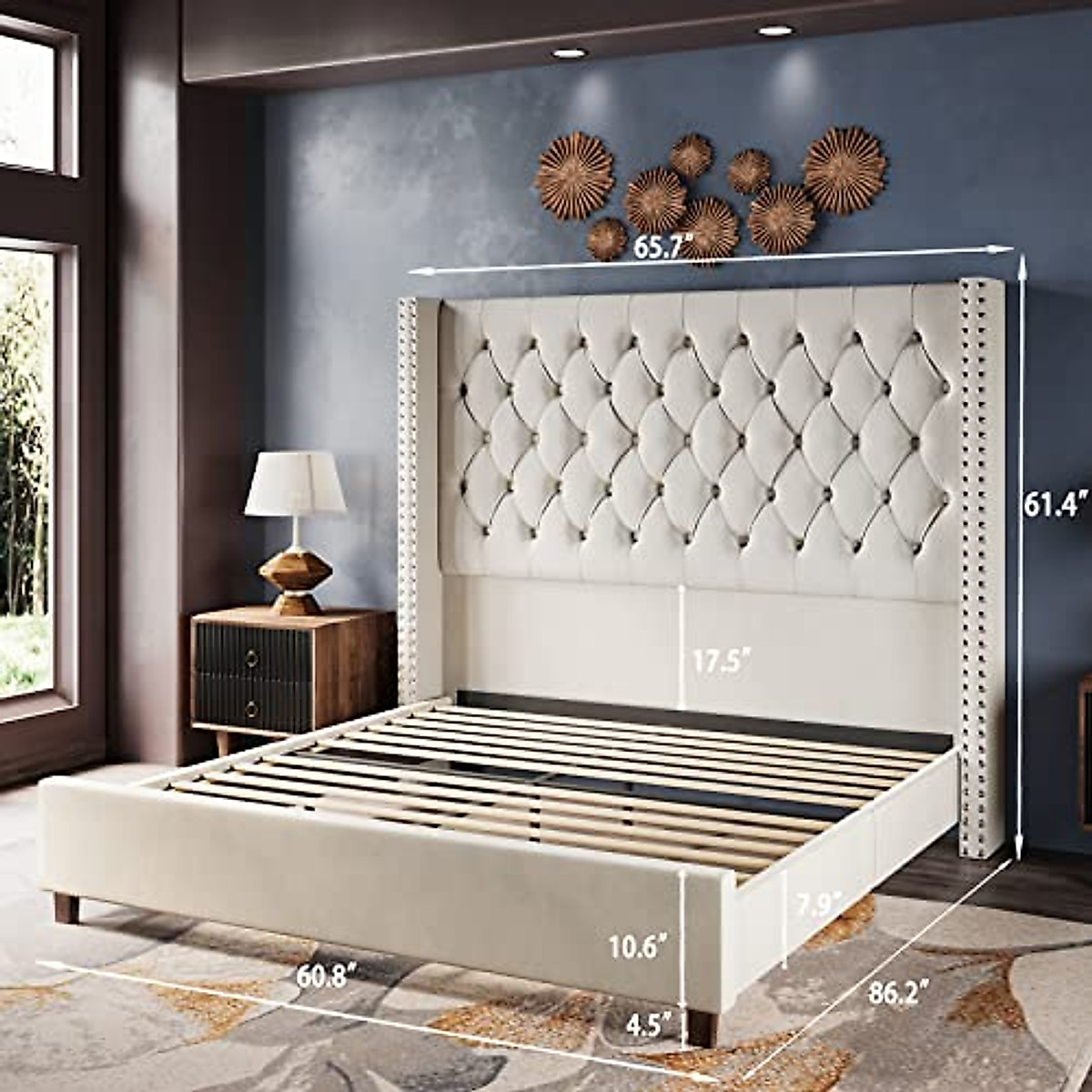 Jocisland Queen Size Upholstered Bed Frame 61.4" High Headborad Velvet Tufted Handmade Pleat Deep Button/Cream