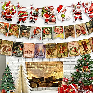 Konsait Vintage Christmas Banners, 35Pcs Santa Cutouts Retro Christmas Decorations, 3 Set Vintage Christmas Decorations Victorian Christmas Decorations, Old Fashion Christmas Decor Banner for Home Office Mantle Wall