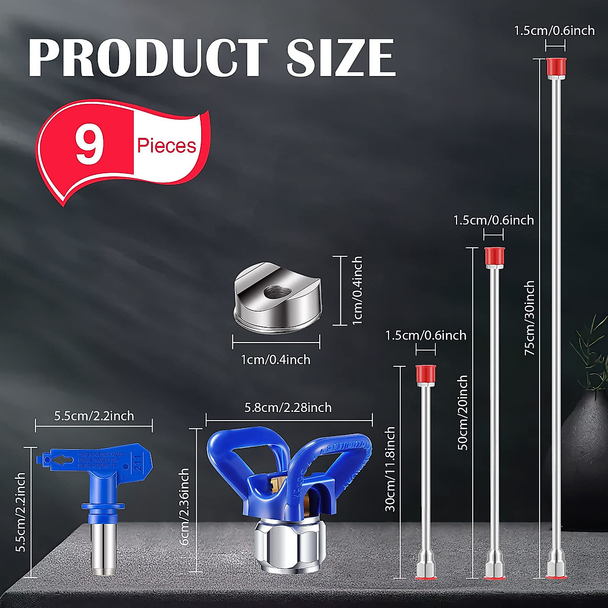 9 Pieces Paint Sprayer Airless Reversible Spray Tip Nozzles Paint Spray Tips Airless Sprayer Nozzles and Airless Sprayer Gun Tip Extension with Red Guard Pole Rod and Paint Sprayer Tips