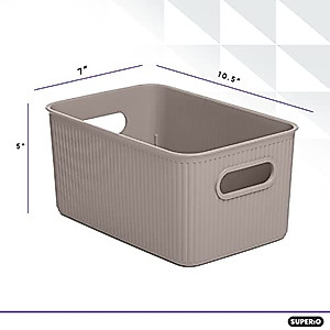 Superio Decorative Plastic Open Home Storage Bins Organizer Baskets, Medium Taupe (4 Pack) Container Boxes for Organizing Closet Shelves Drawer Shelf - Ribbed Collection 5 Liter