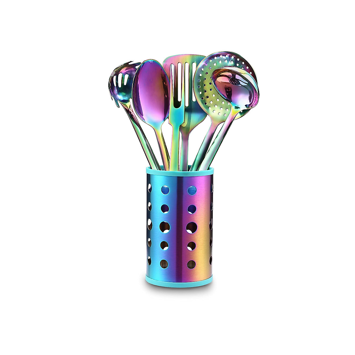 KYA25 Rainbow Color Knife Block Set + KYA52B 7 PCS Stainless Steel Cooking Utensils Sets with Titanium Plated + KYA57 rainbow Color box grater