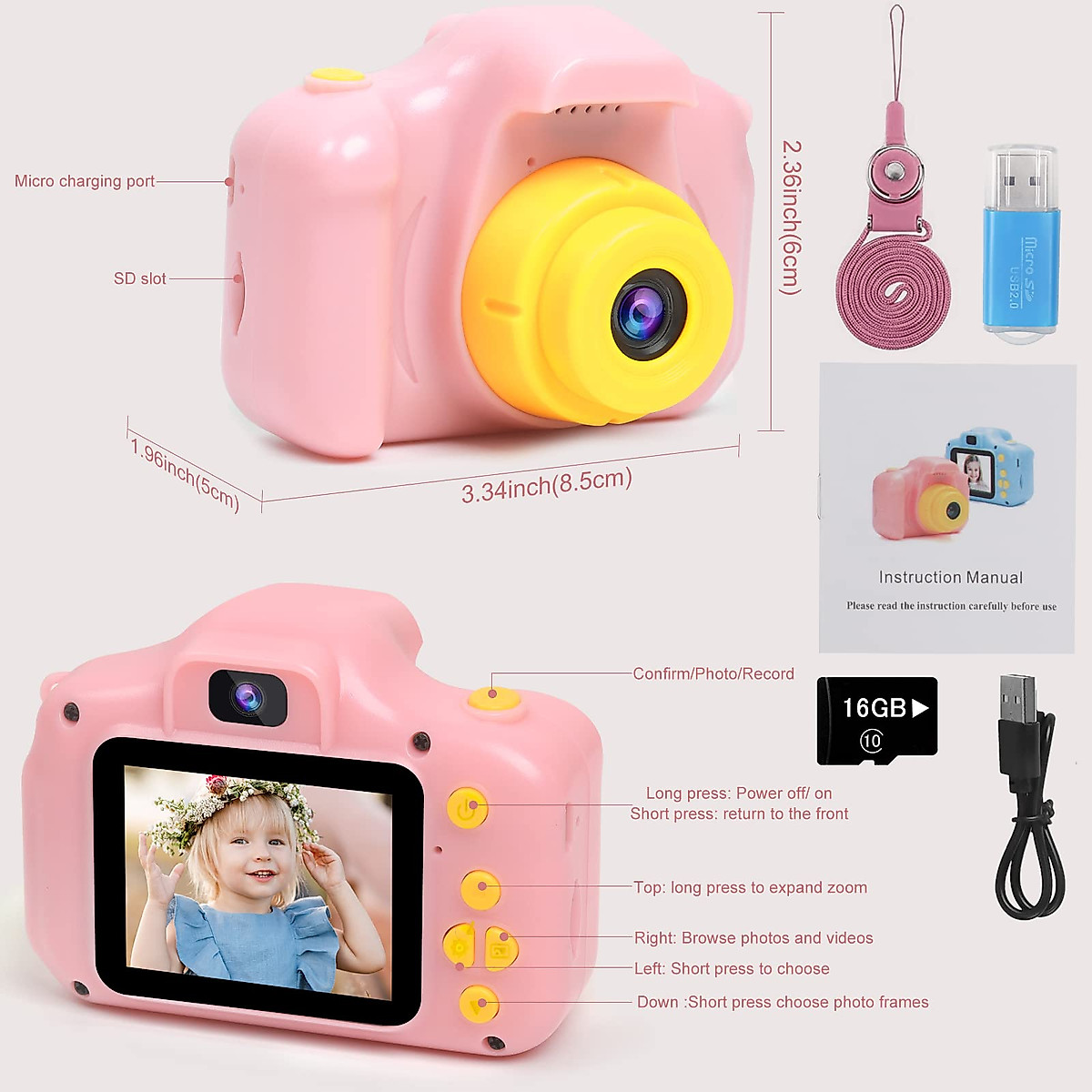 Toys for 4-6 Year Old Girls,Kids Camera Compact for Child Little Hands, Smooth Shape Toddler Selfie Camera,Best Birthday Gifts for 4 5 6 7 8 9 Year Old Girls with 16GB Memory Card by Rindol