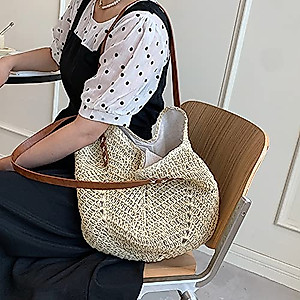 JQWSVE Straw Shoulder Bag for Woman, Large Handwoven Handle Tote bag, Retro Summer Beach Boho Rattan Handbag