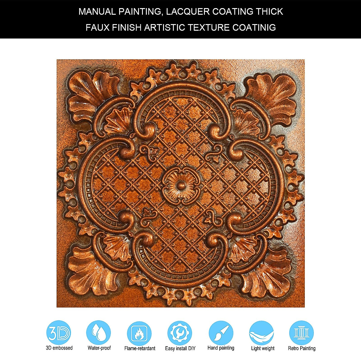 PAINTSDECOR Faux Plastic Ceiling Tiles Peel and Stick Tin Ceiling Tiles Distressed for Cafe Club Salon Hotel Store Bar 2'x2' PL80 Archaic Copper 10pcs