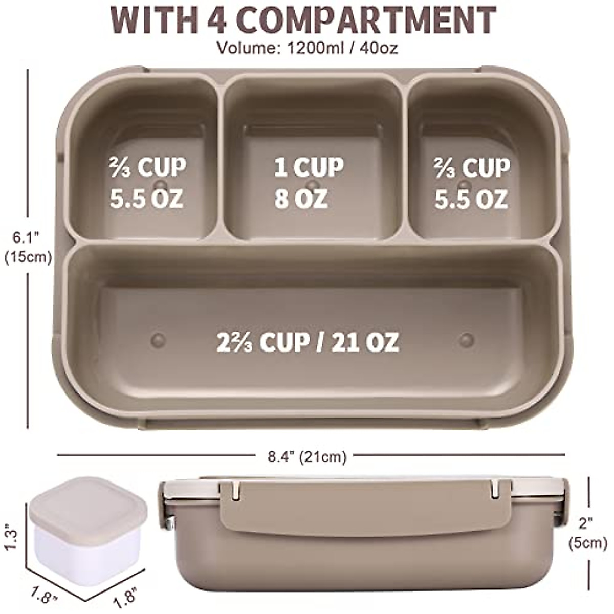 Bento Box Adult Lunch Box, Lunch Containers for Adults Men Women with 4 Compartments, Lunchable Food Container with Utensils, Sauce Jar, Muffin Liners, 40 Oz/5 Cup, Microwave & Dishwasher Safe, Brown