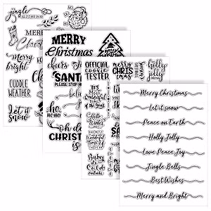 Whaline 4 Sheet Christmas Words Clear Stamps Greeting Words Santa Xmas Tree Pattern Silicone Transparent Stamps Border Stamp Cards for DIY Craft Card Making Scrapbooking Embossing Album Decor