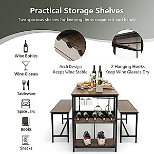COSTWAY 3-Piece Dining Table Set for 4, Rustic Pub Dining Table with 2 Benches, 2 Storage Shelves and Glass Holder, Breakfast Kitchen Table and Chairs Set for Small Space Kitchen Restaurant Bar
