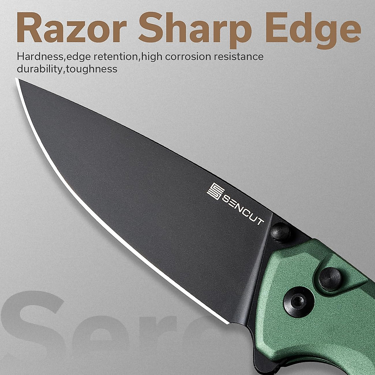 SENCUT Button Lock Pocket Knife for EDC, Serene Folding Knife, Thumb Stud & Flipper Opener, Aluminum Handle with 3.48" D2 Black Blade for Outdoor, Camping, Hunting S21022B-5 (Green)