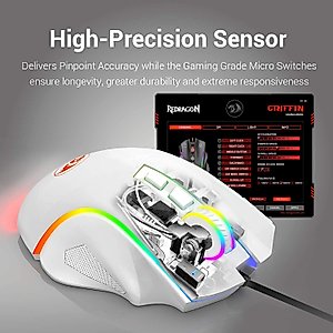 Redragon M602 RGB Wired Gaming Mouse RGB Spectrum Backlit Ergonomic Mouse Griffin Programmable with 8 Backlight Modes, Up to 7200 DPI for Windows PC Gamers (White)