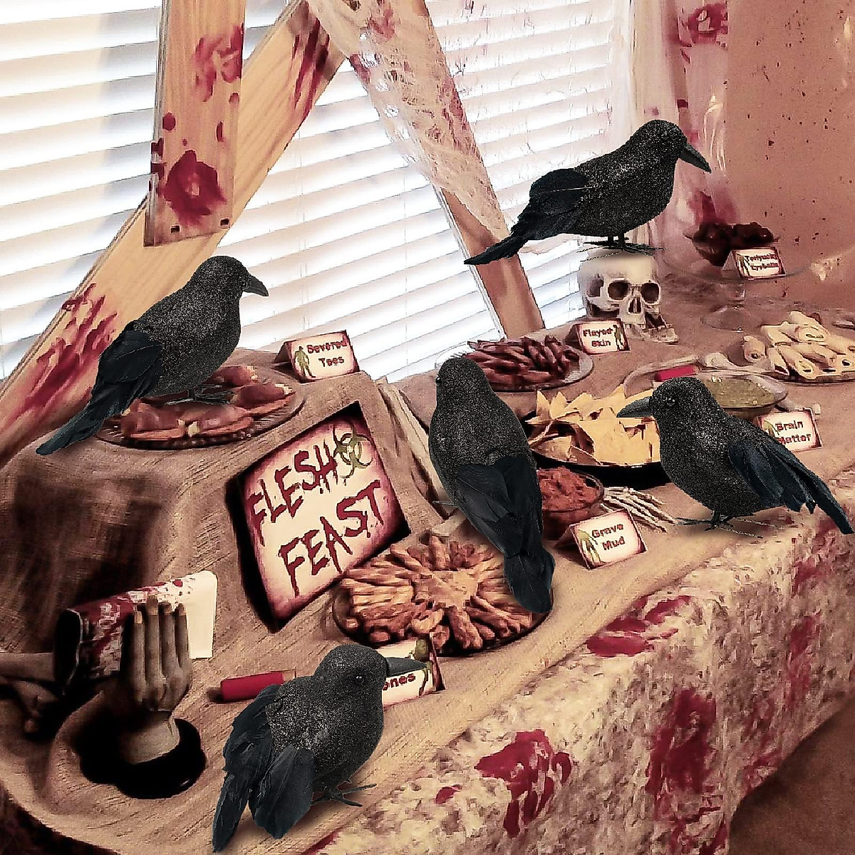 kockuu Crows Halloween Decorations - 6Pcs Halloween Crows Raven Black Birds Glitter Feathered Decor for Halloween Home Tree Garden Yard Indoor Outdoor Decorations