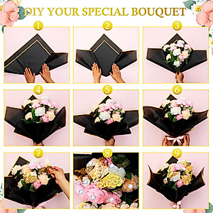 120 Pcs Gold Edge Flower Wrapping Paper, Pure Color Translucent Waterproof Bouquet Wrapping Paper Florist Paper for Bouquets Gift Wedding DIY Crafts Packaging(Black)