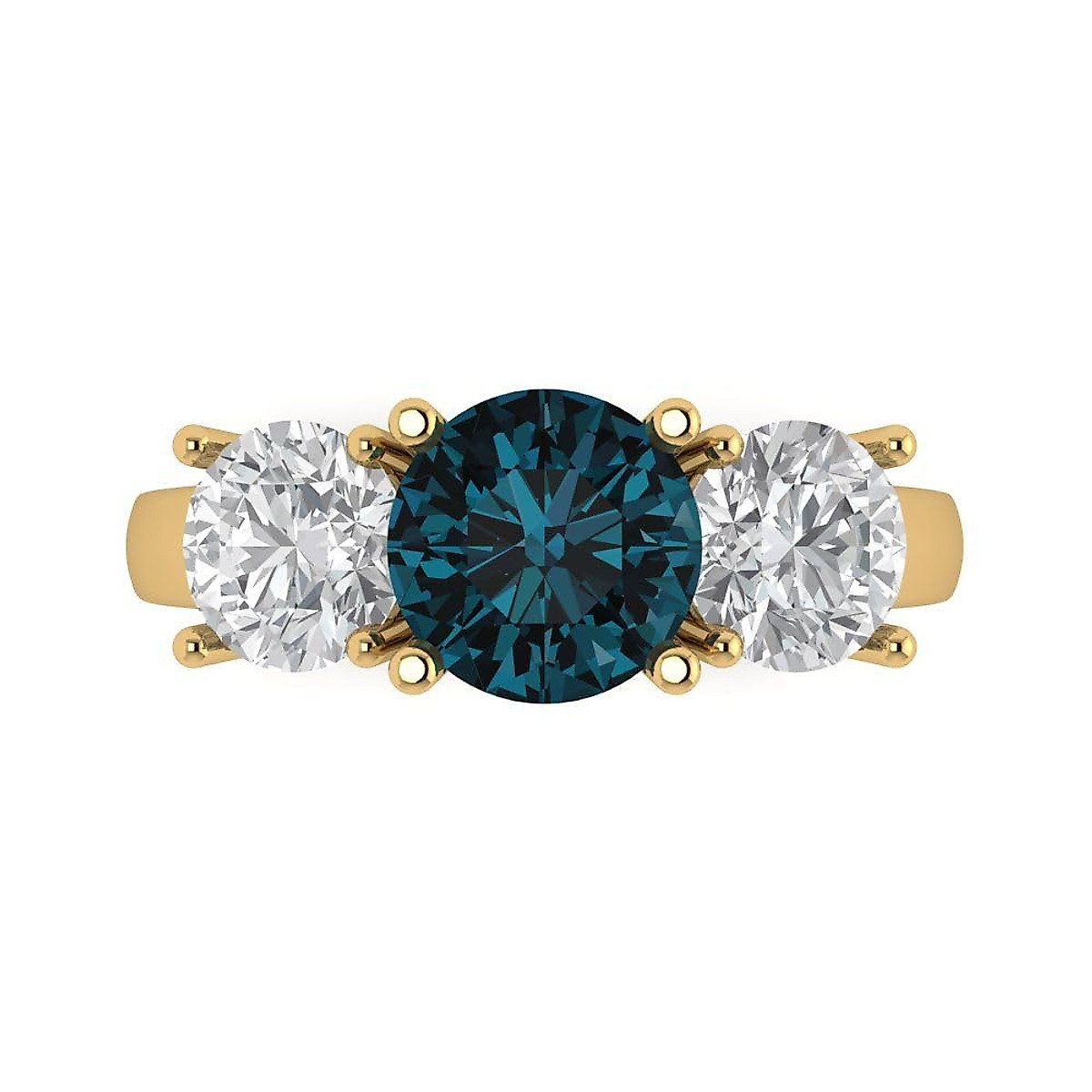 Clara Pucci 3.35 ct Round Cut Custom Engraving 3 stone Natural London Blue Topaz Designer Solitaire Statement Ring 18K Yellow Gold Size 6