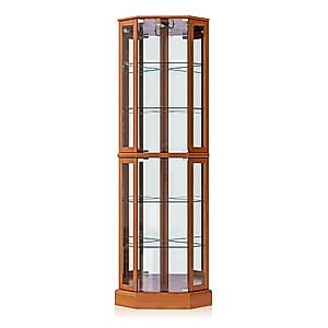 BELLEZE Lighted Curio Cabinet Corner Display Case for Living Room, China Hutch with Tempered Glass Doors and Shelves, Wooden Accent Cabinet, Bar and Liquor Storage Area - Ashfield (Oak)