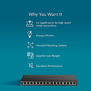 D-Link Ethernet Switch, 16 Port Gigabit Slim Switch Plug and Play, Unmanaged, Metal Housing, Quiet Fanless Design, IEEE 802.3az EEE, 5-Year Limited Warranty (DGS-1016S) Black