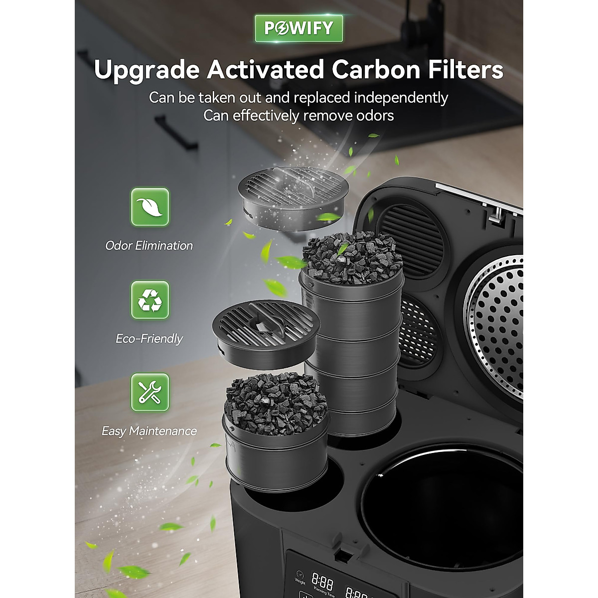 POWIFY Electric Compost Bin Kitchen 4L Capacity Composter Bins Outdoor Indoor with Tri-Blade, Smart Waste Dispenser Countertop Compost Machine with Lid Auto-Cleaning Cycle Odorless