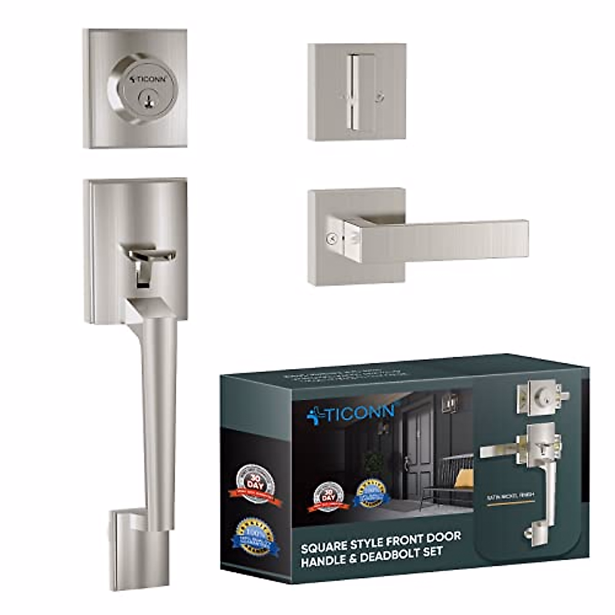TICONN Front Door Handle Set, Heavy Duty Square Door Lever & Single Cylinder Deadbolt Combo Reversible for Entrance Exterior Doors (Satin Nickel)
