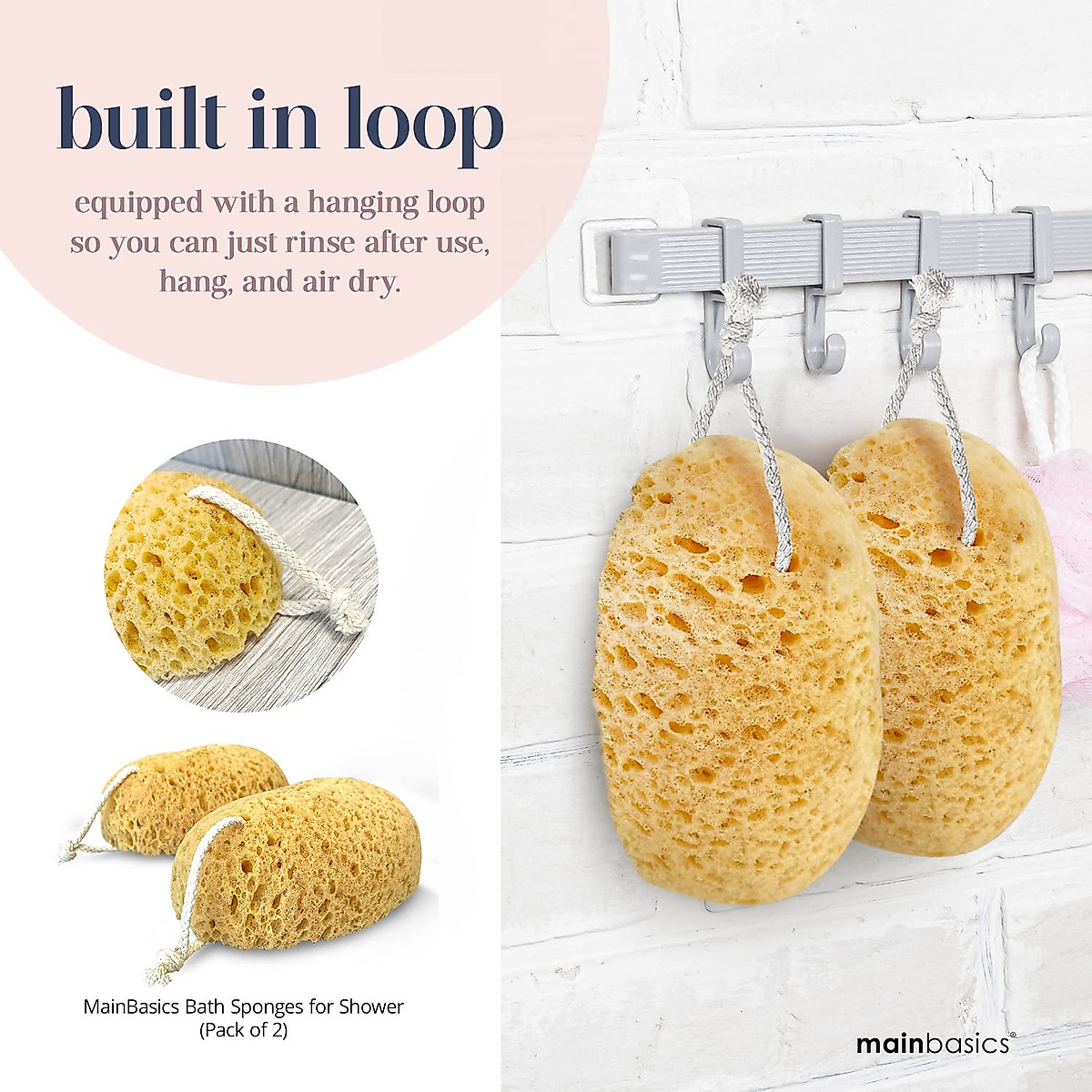 MainBasics Faux Sea Sponge, Exfoliating Body & Bath Sponge Large & Soft Shower Sponge, Foam Loofah - 2 Pack