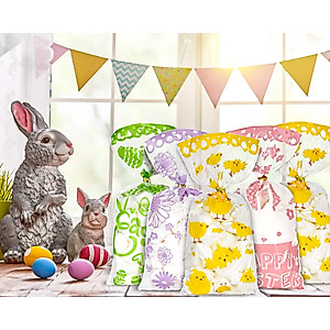Whaline Easter Cellophane Party Bags 160pcs Bunny Easter Egg Treat Bags with 200pcs Gold Twist Ties Plastic Cello Candy Sweet Bags Gift Bags Chick Flower Bags for Easter Party Table Decor, 4 Designs