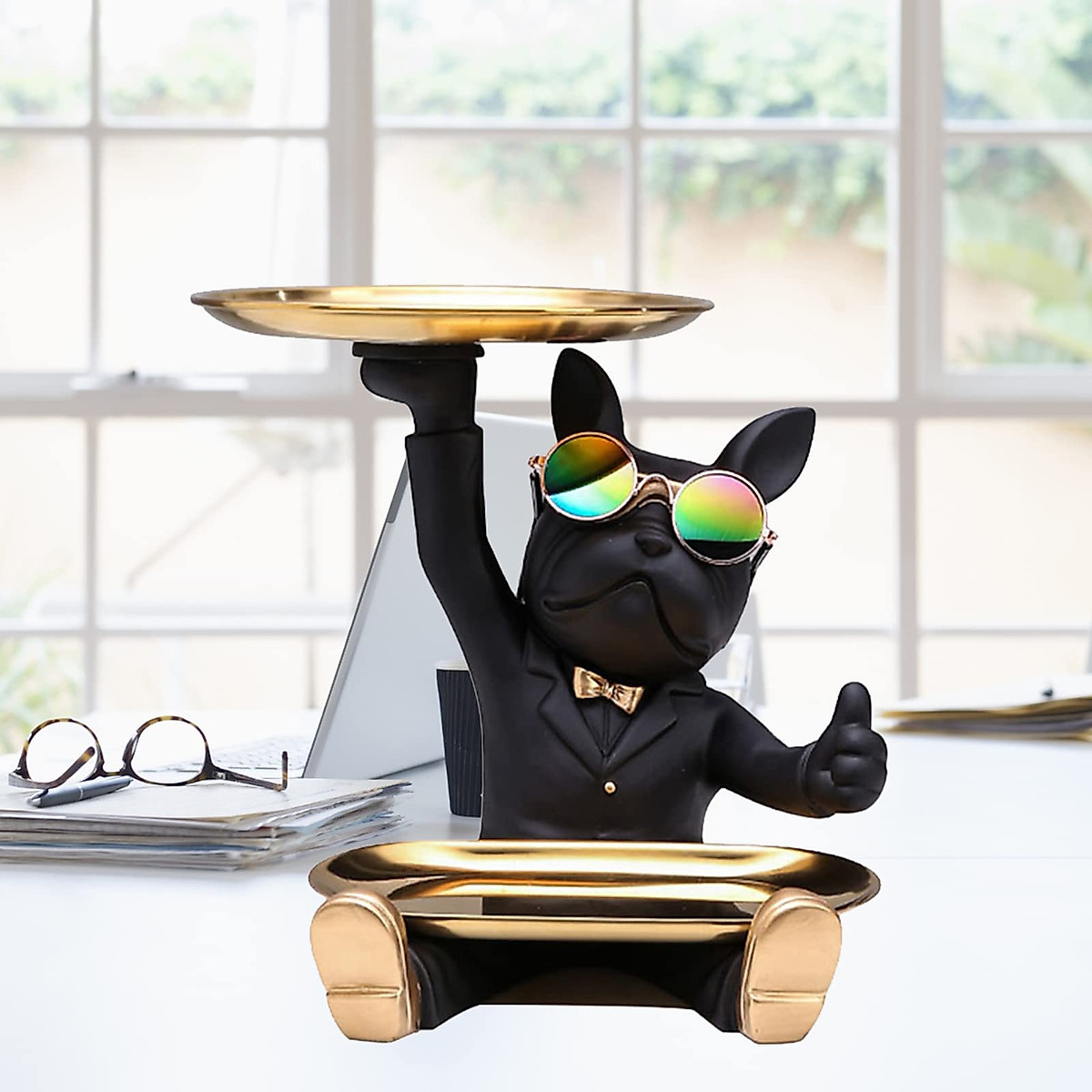 NUACOS Resin Bulldog Tray Statue Animal Sculpture Tray Storage Key Holder Candy Jewelry Earrings Tray Suitable Desk Storage for Home, Living Room, Office, Shop, Table Decoration (Black)