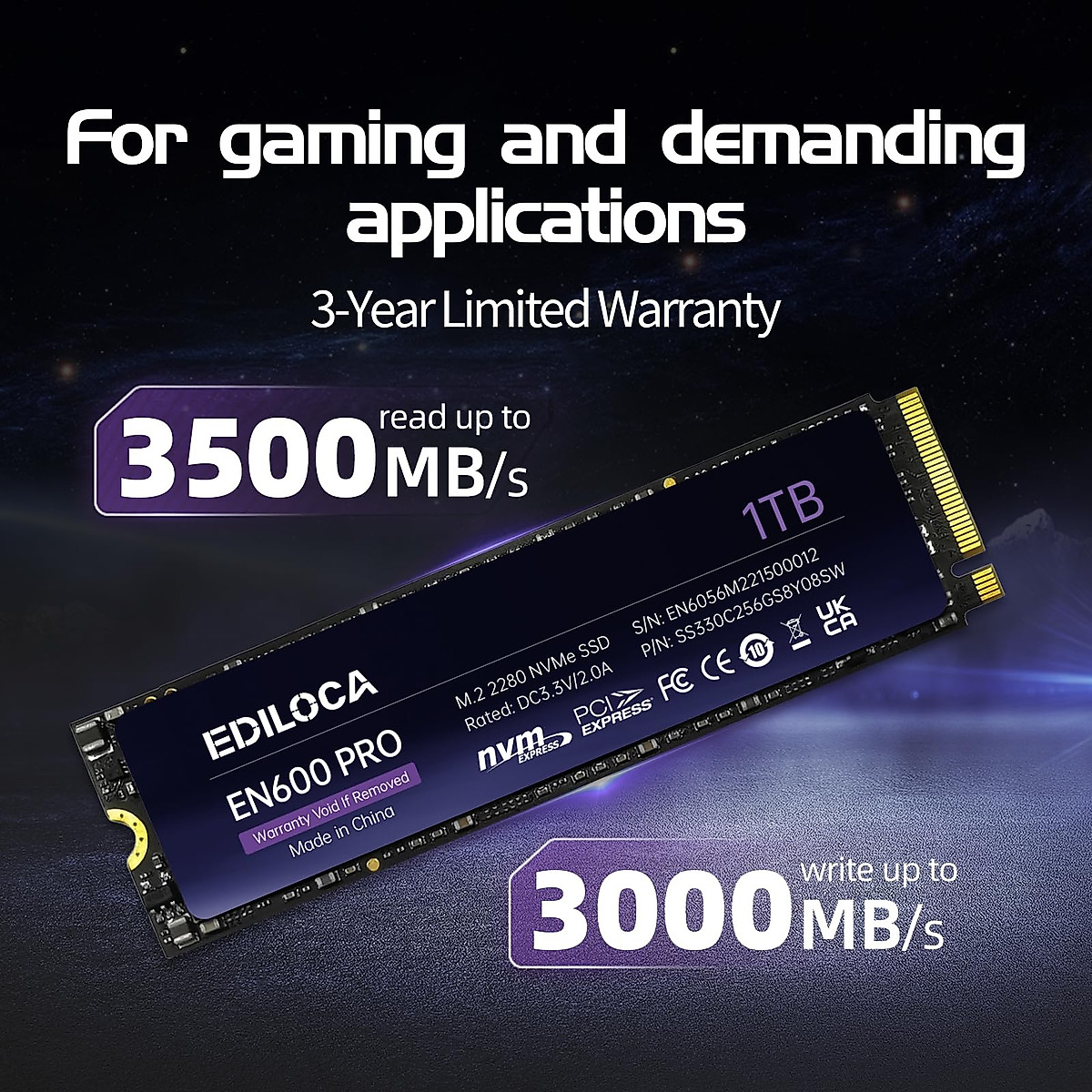 Ediloca EN600 PRO SSD 1TB PCIe 3.0 Gen 3x4, NVMe M.2 2280, Up to 3500MB/s, Internal Solid State Drive, SLC Cache 3D NAND TLC, Graphene Cooling Sticker, Storage for PC, Desktop and Laptops