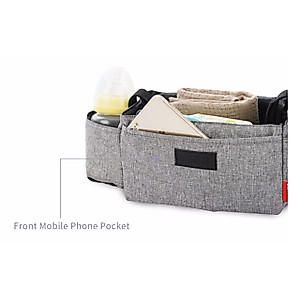 Universal Stroller Caddy, Stroller Organizer Featuring 6 Built-In Pockets, Adjustable Straps To Fit Nearly Any Stroller Active (Gray)