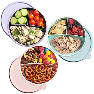 Snack Containers 3-Pack – 3-Compartment Round Snack Containers for Kids and Adults – Stackable Food Storage Containers with Lids – BPA-Free Dishwasher-Safe Snack Boxes for Kids Single Serving