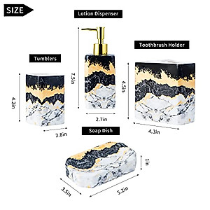 4 Piece Bathroom Accessories Set - Black and White Bathroom Accessories Set Includes Lotion Dispenser, Toothbrush Holder Tumbler, and Soap Dish - Glossy Finish (Marble, Black, and White)