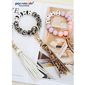 Panny&Mody Silicone Beaded Bracelet Keychain Wristlet,Personalized Keychain Wristlet Key Ring Holder with Zircon Leather Tassel(Pearl+White)