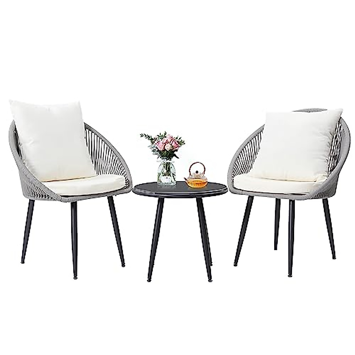 BETTAHOME 3 Piece Bistro Set, Patio Furniture Set with Cushion and Pillow, Outdoor Balcony Woven Chairs and Table, Grey and Black