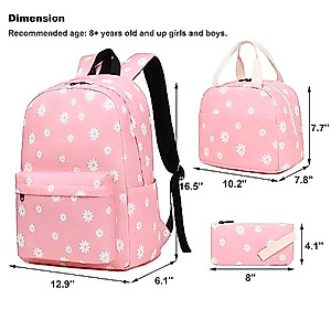 Mimfutu Flowers School Backpack for Teen Girls, 3-in-1 Kids Backpack Bookbag Set School Bags with Lunch Box Pencil Case (Pink)