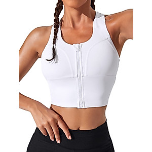 Verdusa Women's Zip Up Front Criss Cross Back Workout Sport Bra Tank Top White M