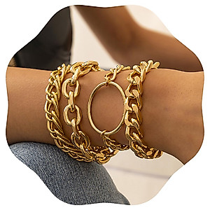 JWICOS Gold Chunky Chain Bracelet for Women Charm Boho Bracelet for Women Flat Cable Chunky Chain Bangle with Circle Set of 4 (Gold)