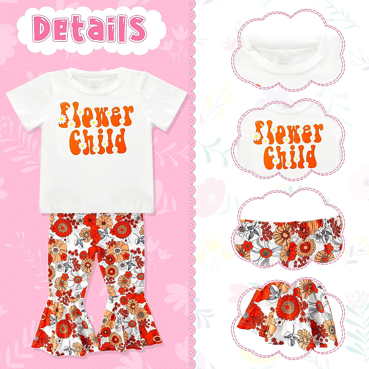 4 Pcs Toddler Baby Girl Short Sleeve T-Shirt Top Floral Flared Bell Bottom Pant Headband Sunglasses Kid Summer Outfit(Small)