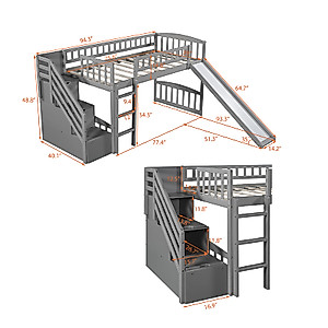 Harper & Bright Designs Twin Loft Bed with Slide for Kids, Wood Slide Loft Bed with Stairs and Built-in Ladder, No Box Spring Needed,Grey