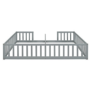 Mirightone Double Twin Bed Frames for Kids, Wood Montessori Bed with Fence Guardrails, Double Twin Floor Bed Side by Side for Boys Girls Children, Grey