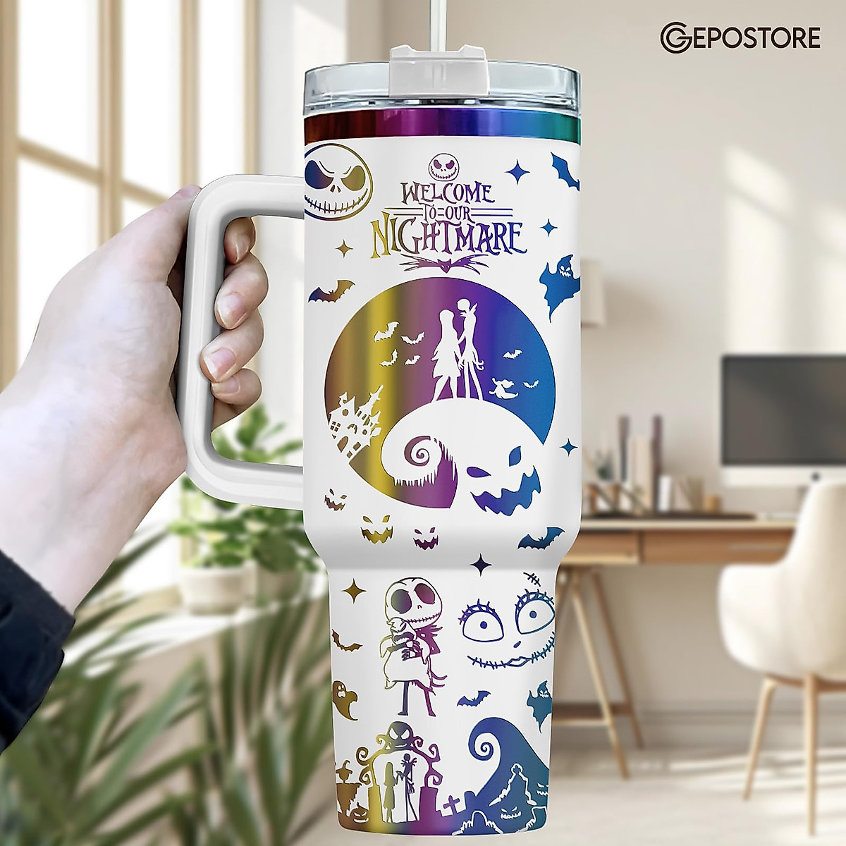 GEPOSTORE Birthday Gifts for Movie Lovers, Skeleton Couple 40oz Laser Tumbler with Handle, Spooky Movie Cup, Horror Movie Coffee Mug, Gifts for Christmas Halloween