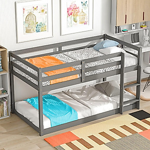 Ochangqi Kids Bunk Bed Twin Over Twin with Stairs and Rails for Kids Toddler Girls Boys,Pine Wood,Easy Assemble, Convertible to Low Profile Loft Bed (Grey)