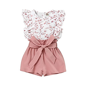 oklady Toddler Girl Clothes Ruffle Floral Embroidery Shirt and Shorts Set (Pink-A, 3-4 T)