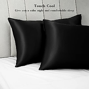 Yastouay Set of 2 Satin Pillow Covers Standard Size Silk Pillowcase with Envelope Closure Soft and Breathable Silk Pillowcase for Hair and Skin (Black, 20" x 26")