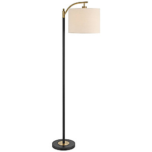 360 Lighting Rayna Mid Century Modern Downbridge Floor Lamp 61 1/2" Tall Black Warm Gold Metal Off-White Linen Drum Shade for Living Room Reading Bedroom Bedside Office Family House Home