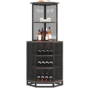 IBF Tall Corner Bar Cabinet, Large Wood and Metal Liquor Cabinet with Wine Rack, Industrial Corner Wine Cabinet with Adjustble Shelf Storage, Home Bar Unit for Kitchen Living Room, Dark Gray, 71 Inch