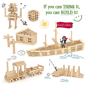 Brain Blox Natural Wooden Blocks for Kids Ages 4-8 - Montessori Blocks for Hands-on Learning - STEM and Architecture for Kids (100 Building Blocks)