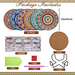 Temlum 6 Pcs Diamond Painting Coasters with Holder, DIY Mandala Coasters Diamond Art Kits for Beginners, Adults & Kids Small Diamond Painting Craft Supplies