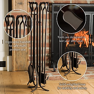 Plow & Hearth 5 Piece Hand Forged Iron Fireplace Tool Set with Poker | Tongs | Shovel | Broom | and Stand 7-in Diam. x 27.5 H Black