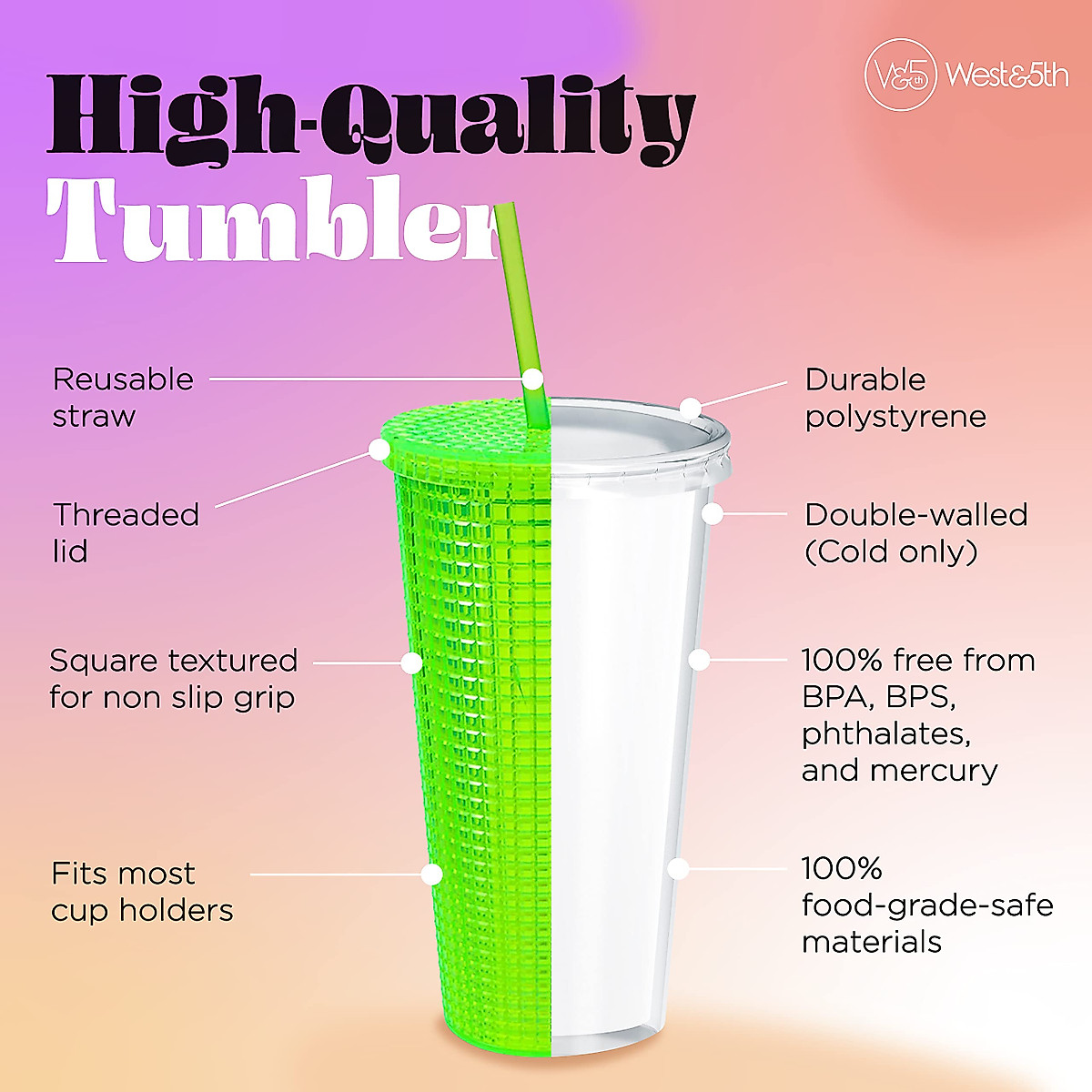 WEST & FIFTH Grid Plastic Cold-Cup Tumbler with Straw, Iridescent Semi-Transparent Square-Textured Cup, BPA-Free Double-Wall Cup for Iced Coffee, Cold Drinks, or Water, 24oz., Neon Green