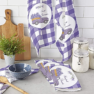 Kitchen Towels Dish Cloth 2 Pack Rustic Lavender Farm Truck Soft Absorbent Dish Towel Reusable Cleaning Cloths Tea Bar Hand Towels Retro Purple Buffalo Gingham Check Drying Dishcloth for Dishes