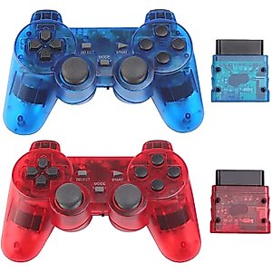 Rzzhgzq PS2 Wireless Controller 2.4G Play Station 2 Gamepad 2 Pack Dual Vibration Compatible with Sony Play -station 2 Console (ClearBlue +ClearRed)
