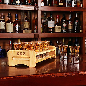 D&Z Bamboo Wooden Shot Glass Holder/Tray with 12 Crystal 1oz Clear Shot Glasses